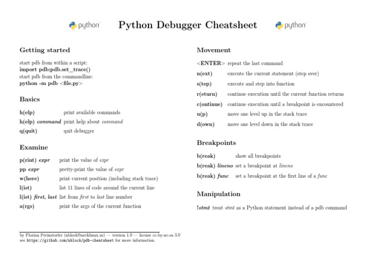 Python Debugger Cheatsheet: Getting Started Movement | PDF