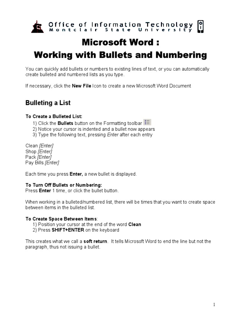 Microsoft Word: Working With Bullets and Numbering: Bulleting A List ...