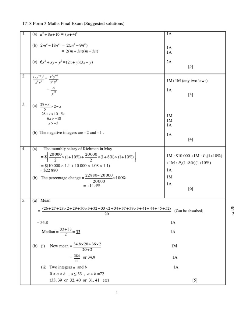 1718 Form 3 Maths Final Exam (Suggested Solutions) : M N M NM N | PDF ...
