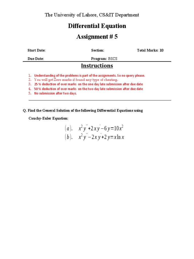 Differential Equation Assignment # 5: Instructions | PDF