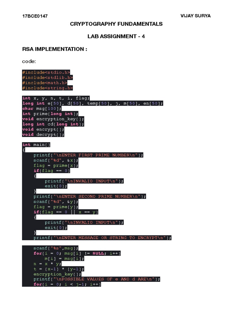 Code:: Cryptography Fundamentals Lab Assignment - 4 Rsa Implementation | PDF | Cryptography ...