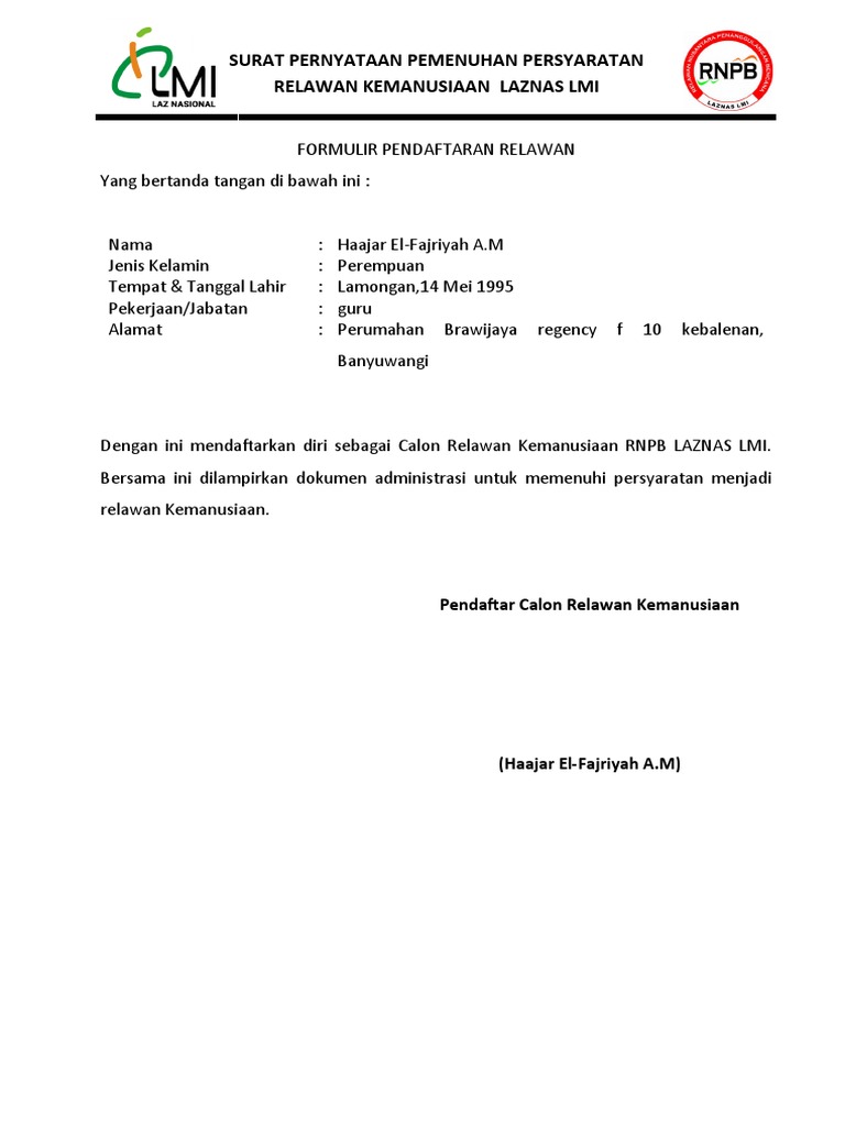 Surat Pernyataan Relawan RNPB LAZNAS LMI (HAAJAR) | PDF
