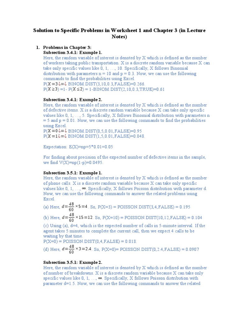 Solution To Specific Problems in Worksheet 1 and Chapter 3 (In Lecture ...