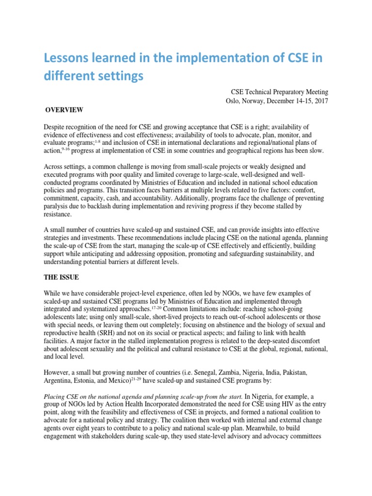 Lessons Learned In The Implementation Of Cse In Different Settings Pdf Sex Education World
