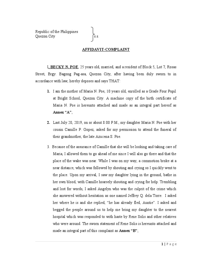 Murder Complaint Affidavit Sample | PDF | Justice | Crime & Violence