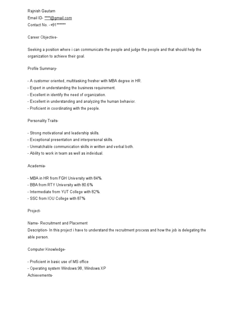 Resume Template For MBA HR Fresher | PDF | Master Of Business ...