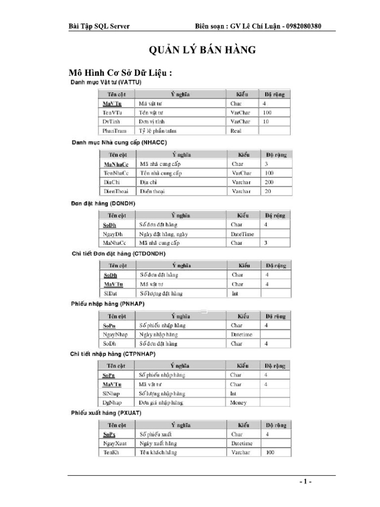 Bài Tập SQL Server quản lý bán hàng - Tài liệu, ebook, giáo trình PDF | PDF
