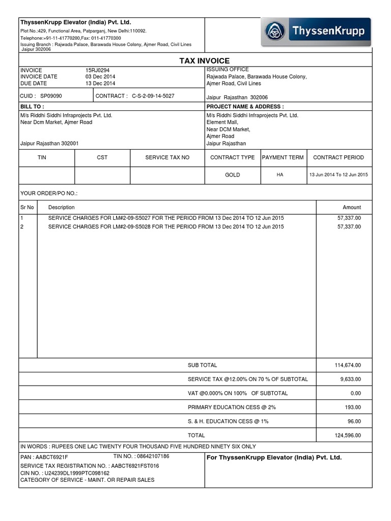 Tax Invoice: Thyssenkrupp Elevator (India) Pvt. LTD | PDF | Economy Of ...