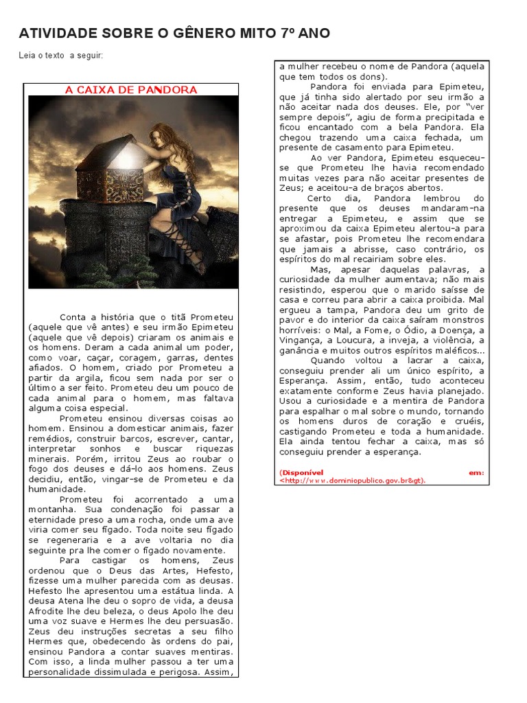 Atividade Sobre O Gênero Mito 7º Ano: A Caixa De Pandora | Prometeu ...
