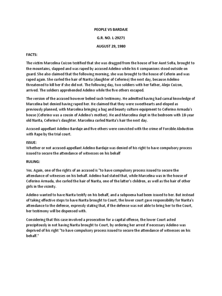 People Vs Bardaje G.R. NO. L-29271 AUGUST 29, 1980 Facts | PDF | Witness | Rape