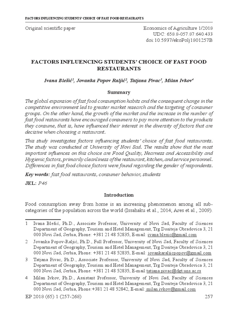 Factors Influencing Fast Food Choices | PDF | Factor Analysis ...