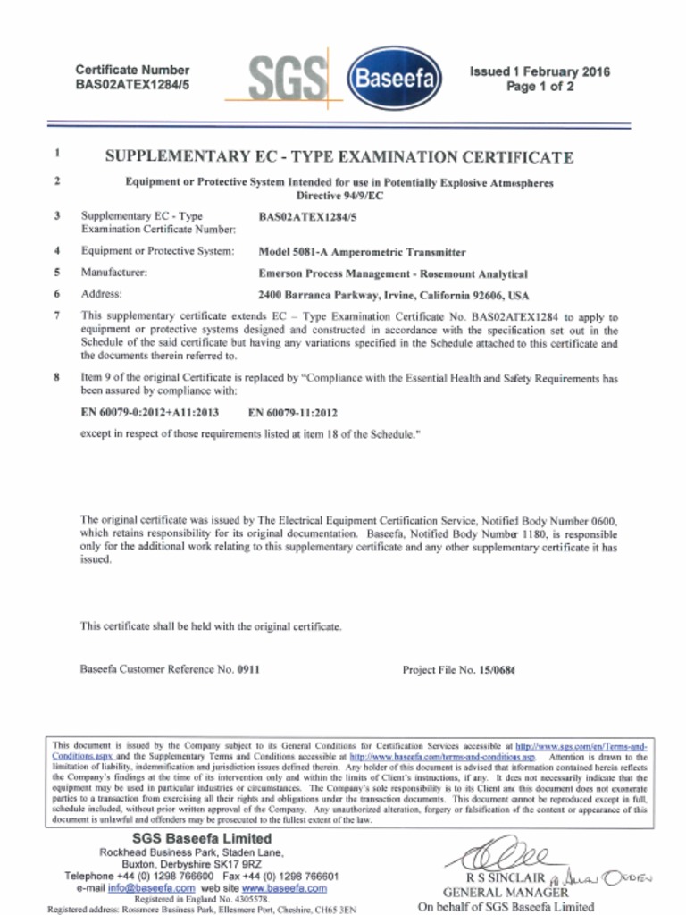 Baseefa 02 Atex 1284 | PDF