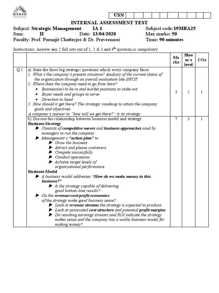 Internal Assessment Test IA1 II USN | PDF | Strategic Management ...