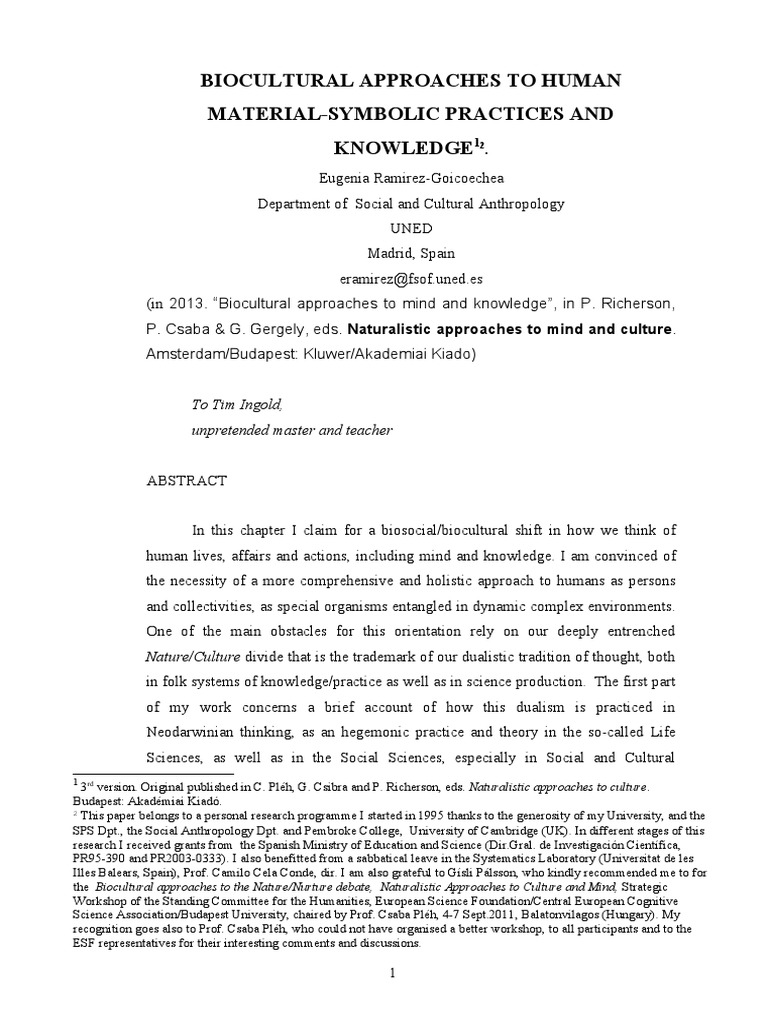 Biocultural Approaches To Human Material-Symbolic Practices and ...