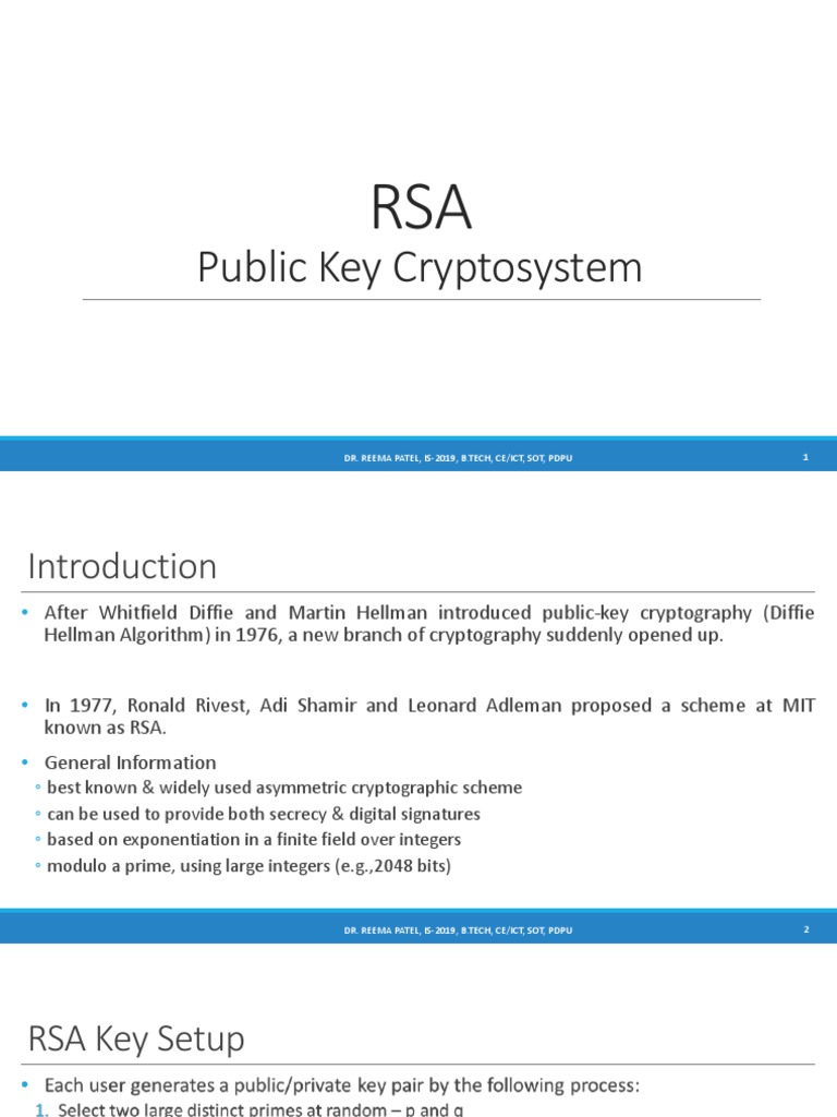 Public Key Cryptosystem: 1 Dr. Reema Patel, Is-2019, B.Tech, Ce/Ict ...