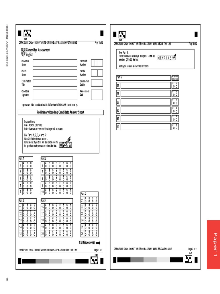 PET Answer Sheet READING 2020 | PDF