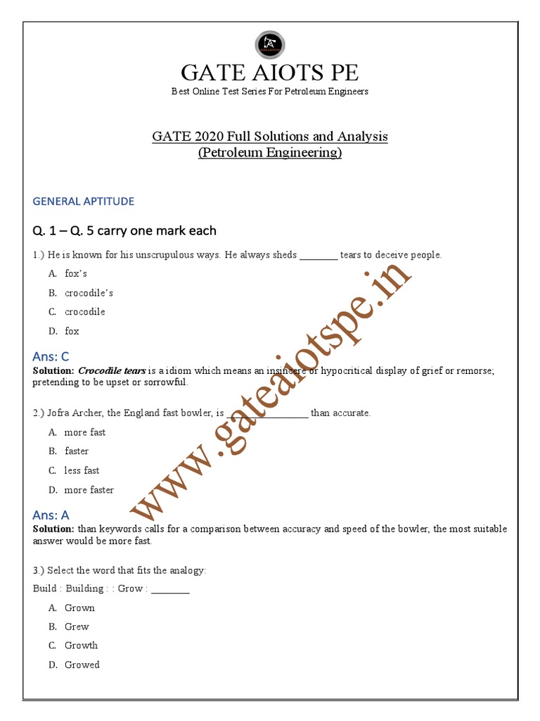Petroleum Engineering GATE 2020 Solutions | PDF | Petroleum Reservoir ...