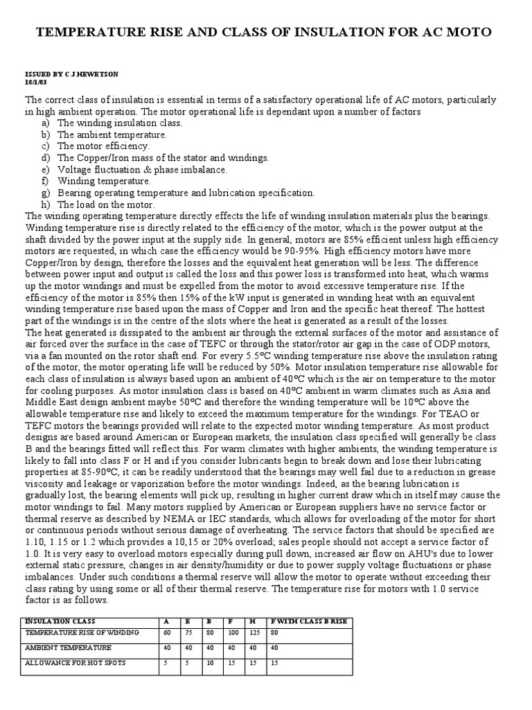 AC Motor Insulation & Temperature Guide | PDF | Electric Motor ...