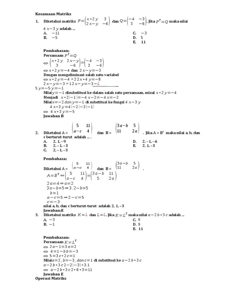 MATERI 3 MATRIKS Kelas 11 | PDF
