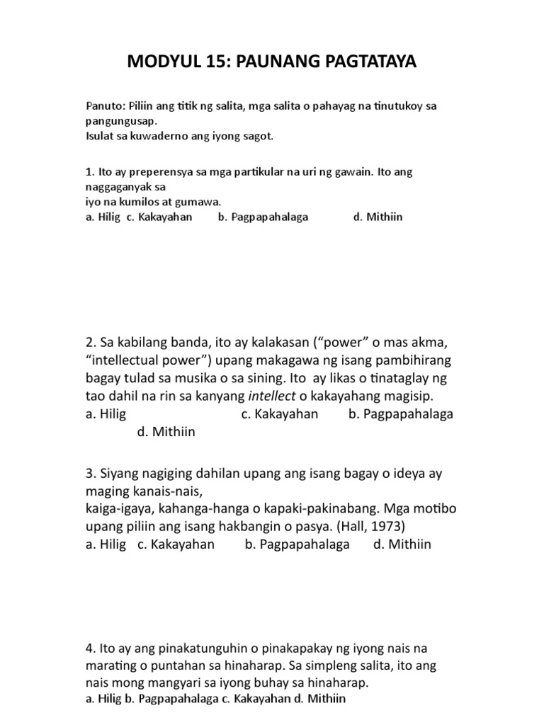 MODYUL 15 Paunang Pagtataya | PDF