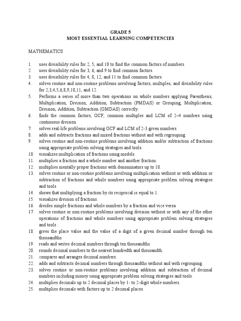 GRADE 5 Most Essential Learning Competencies | PDF | Ratio | Fraction (Mathematics)