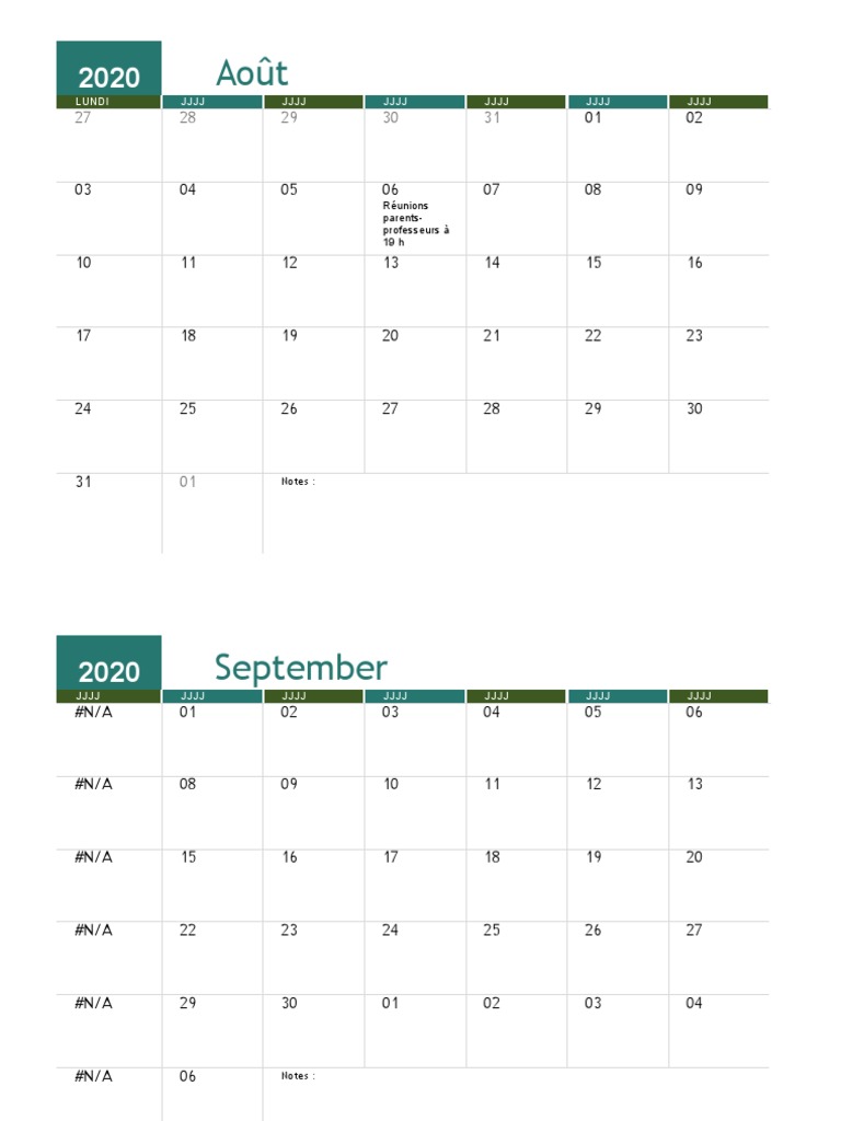 Monthly Calendar for August and September 2020 with Notes Section | PDF