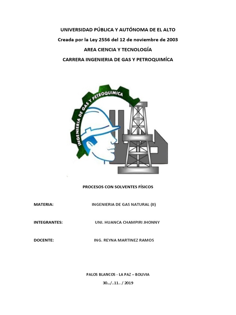 Informe Gas Solvente Fisico | PDF | Absorción (Química) | Gas natural