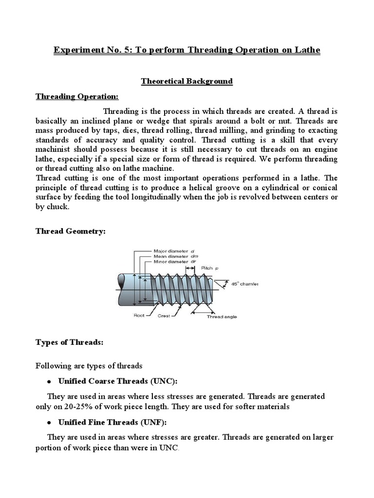 Experiment No. 5: To Perform Threading Operation On Lathe | PDF ...