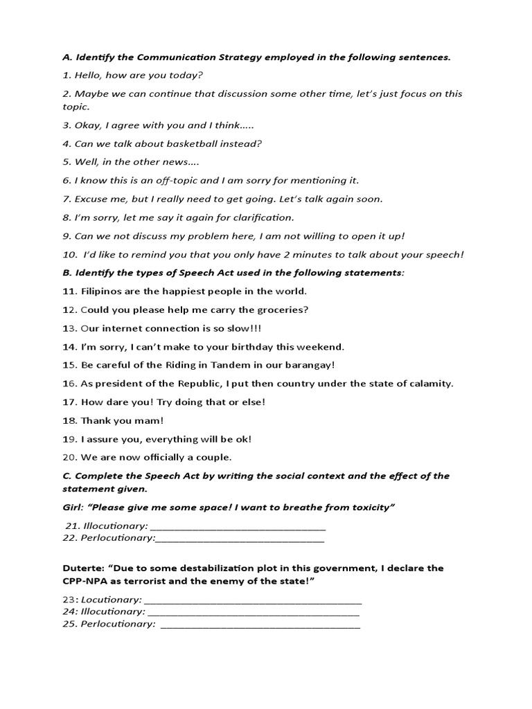 Quiz in Communication Strategy and Speech Act | PDF