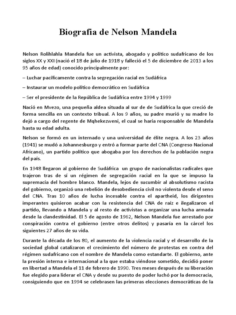 Biografia de Nelson Mandela | PDF | Política | Ciencias sociales