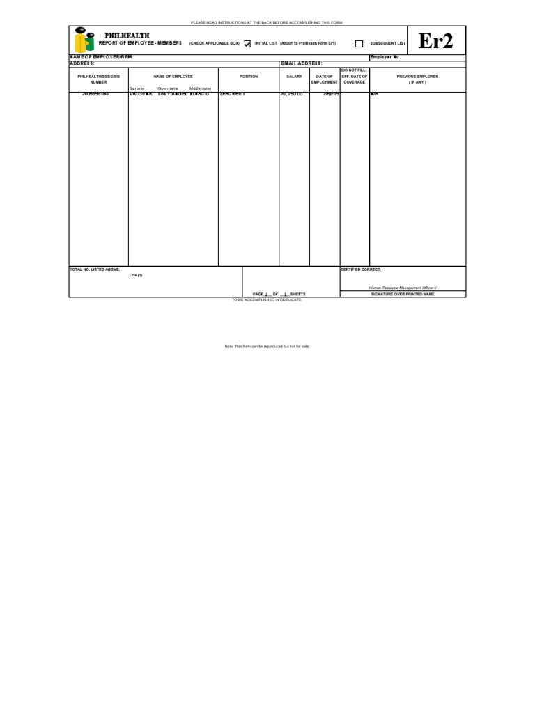 Philhealth: Report of Employee - Members Name of Employer/Firm ...