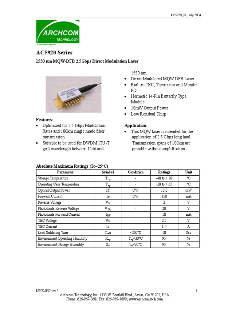 AC5920 Series: 1550 NM MQW-DFB 2.5Gbps Direct Modulation Laser | PDF ...