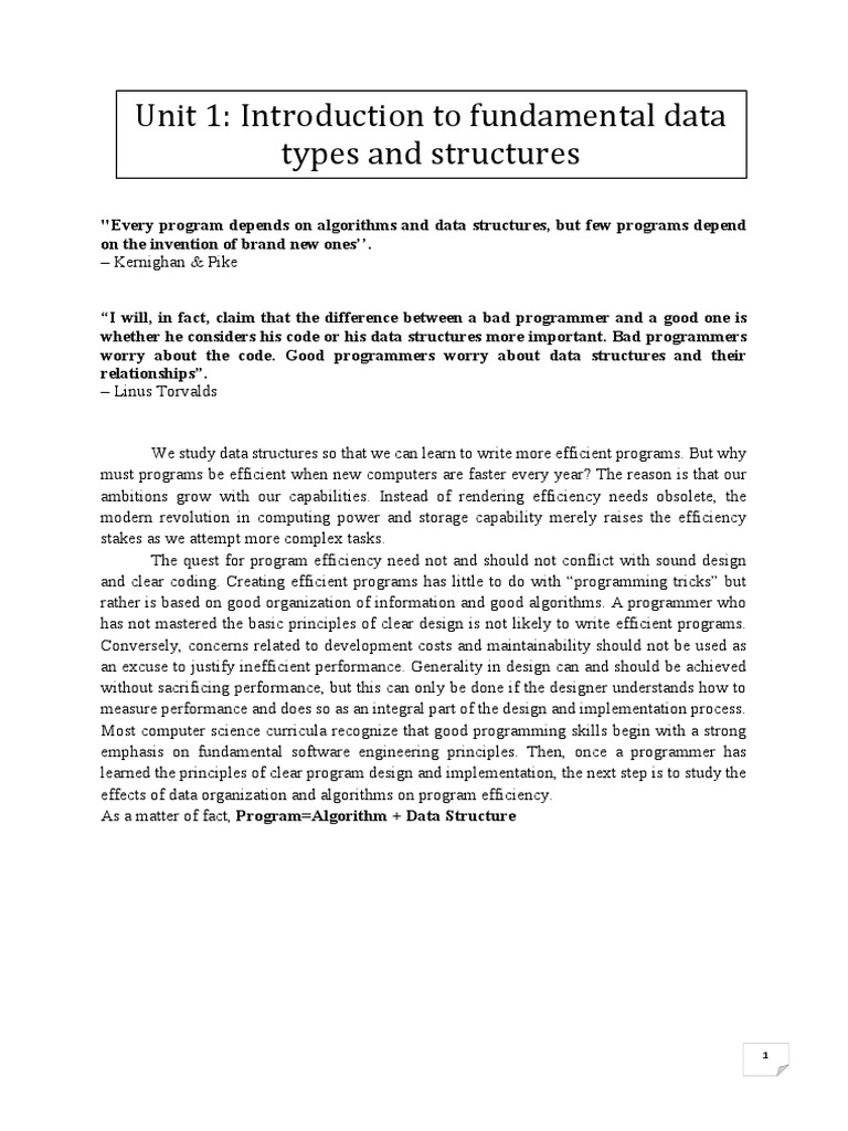 Unit 1: Introduction To Fundamental Data Types and Structures | Download Free PDF | Array Data ...
