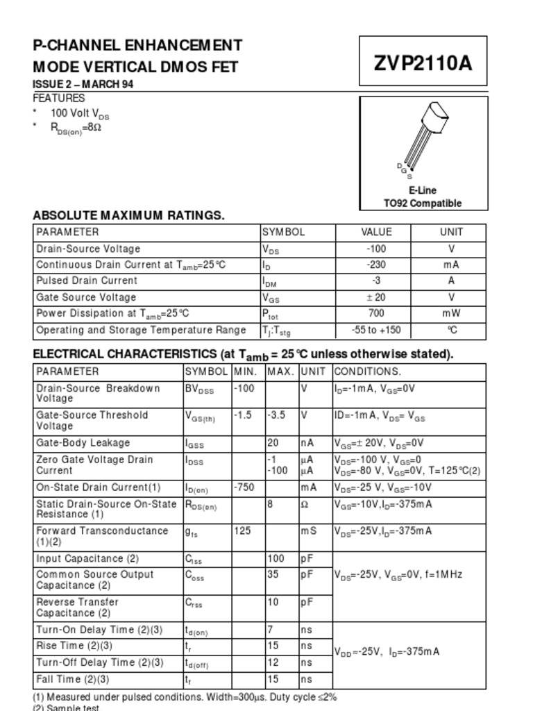 ZVP2110A ZVP2110C: P-Channel Enhancement Mode Vertical Dmos Fet P ...