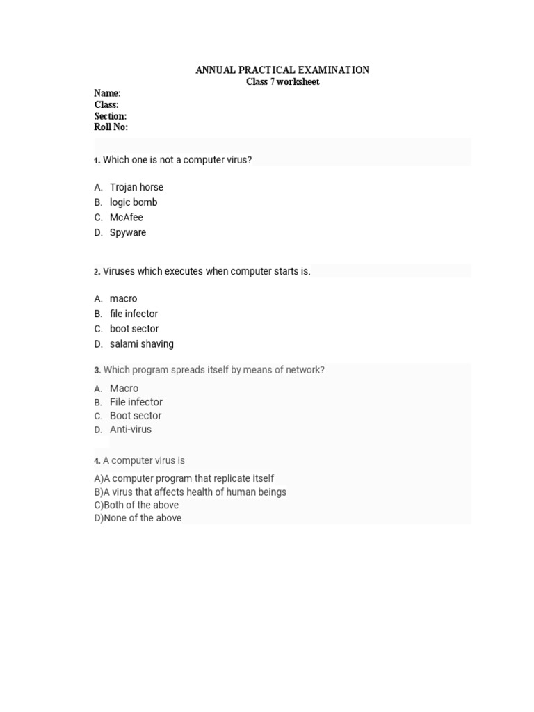 Class 7 Worksheet | PDF