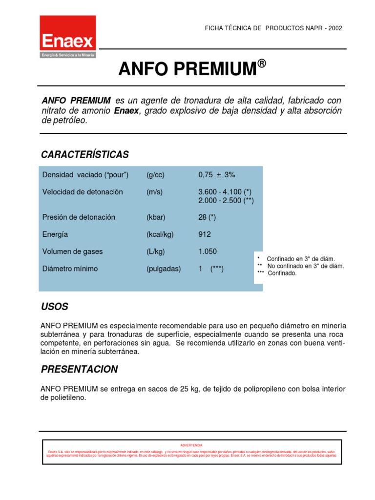 ANFO PREMIUM: Ficha Técnica y Usos | PDF | Materiales | Química