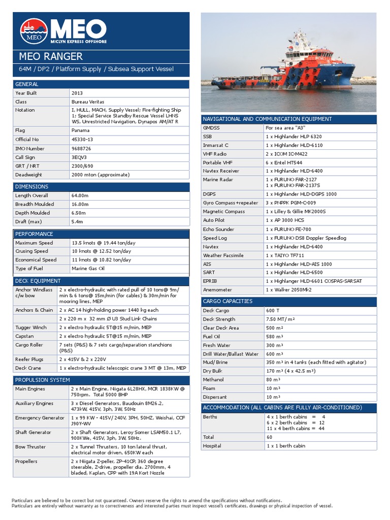 Meo Ranger: 64M / DP2 / Platform Supply / Subsea Support Vessel | PDF ...