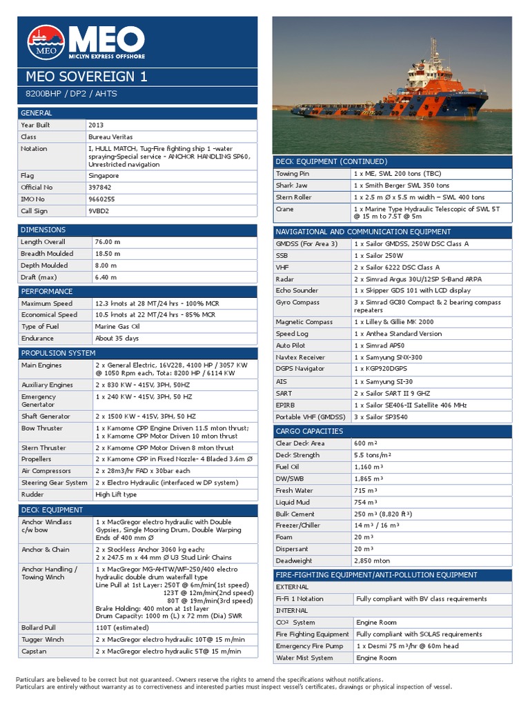 Meo Sovereign 1: 8200BHP / DP2 / AHTS | PDF | Anchor | Watercraft