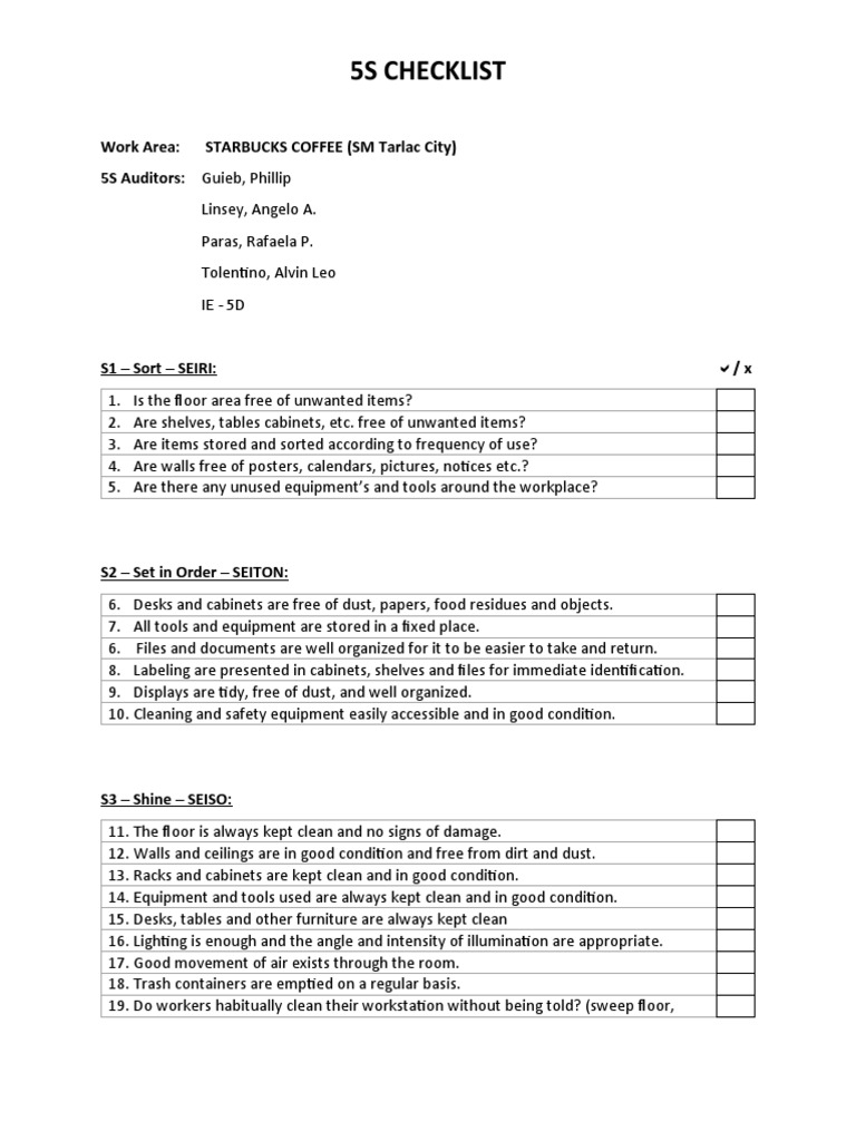 5S Checklist: Work Area: Starbucks Coffee (SM Tarlac City) 5S Auditors ...