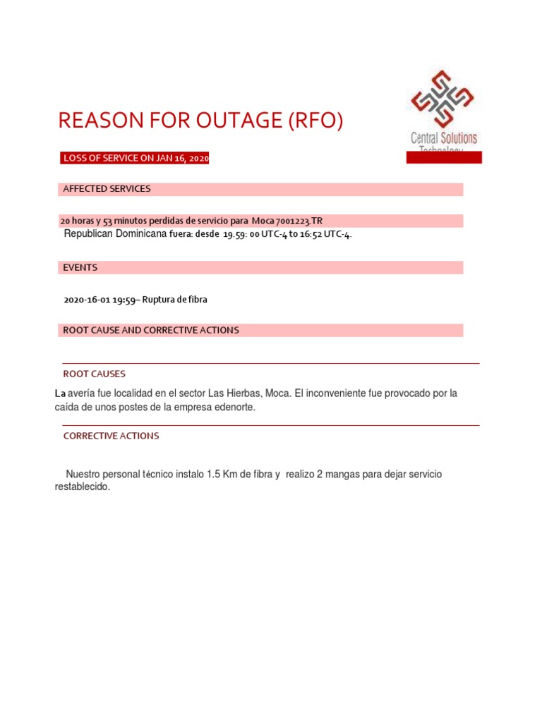 Reason For Outage (Rfo) : Loss of Service On Jan 16, 2020 | PDF
