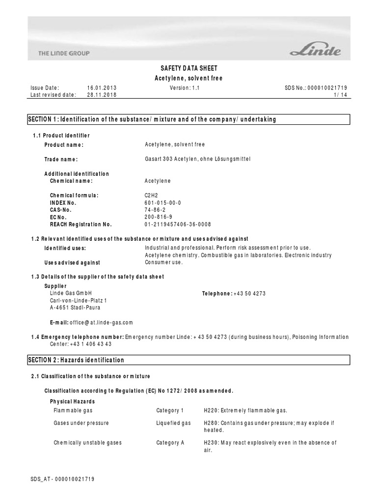 Safety Data Sheet Acetylene, Solvent Free | PDF | Toxicity | Dangerous ...