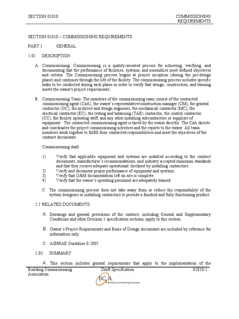 Commissioning Requirements Section 01810 | PDF | Specification ...