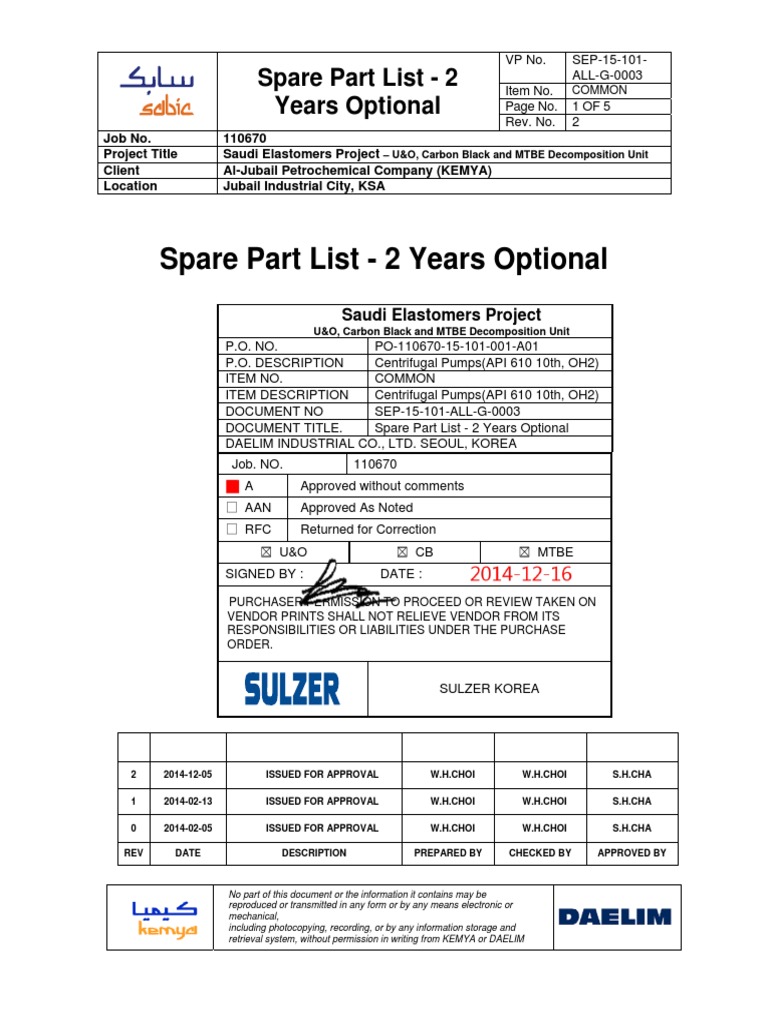 Spare Part List - 2 Years Optional | PDF | Business