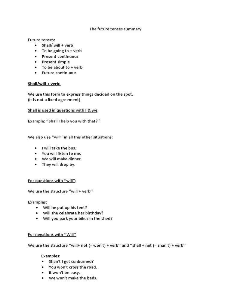 The Future Tense Summary | PDF | Verb | Syntax