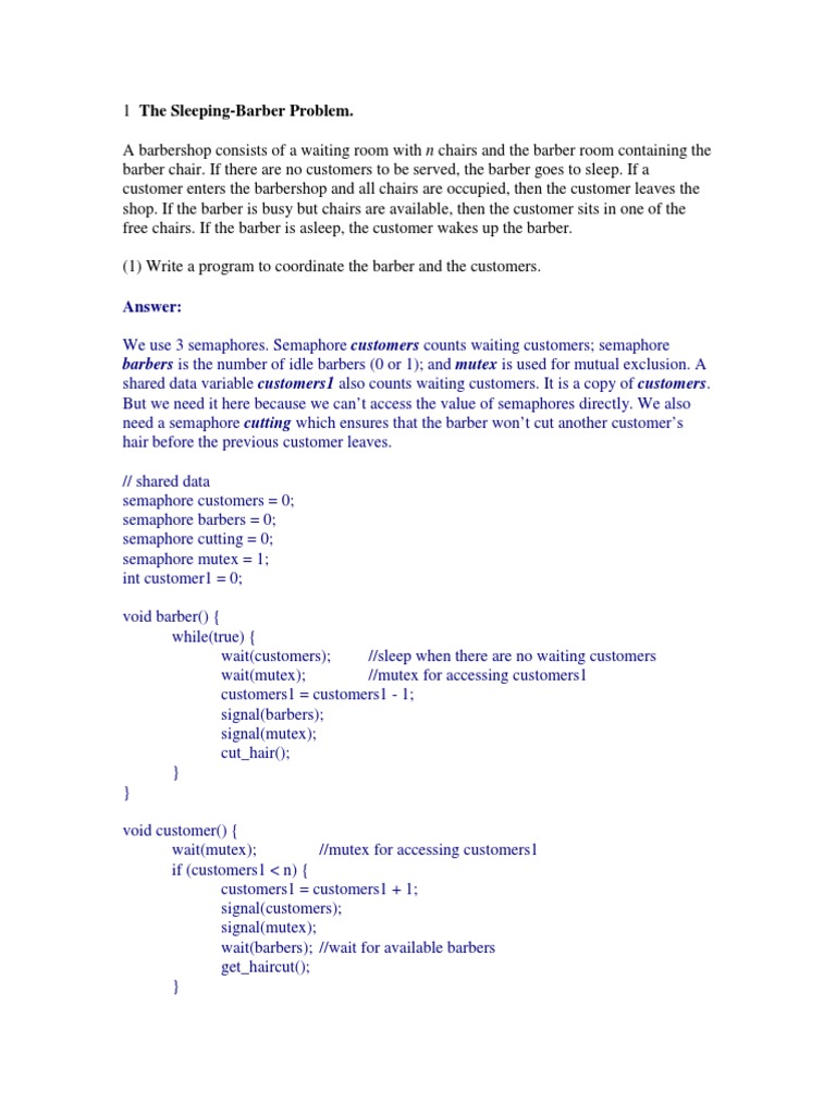 The Sleeping-Barber Problem.: Answer | PDF | Cigarette | Concurrent Computing