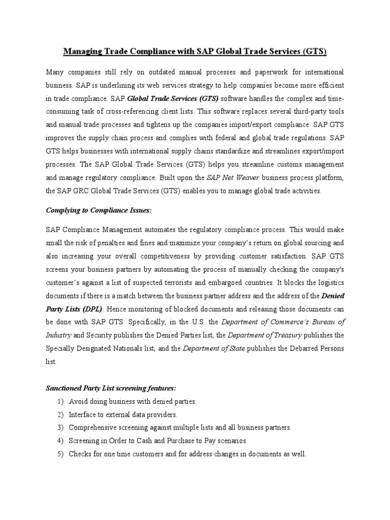 US Trade Compliance Through SAP GTS | PDF | Regulatory Compliance | Sap Se