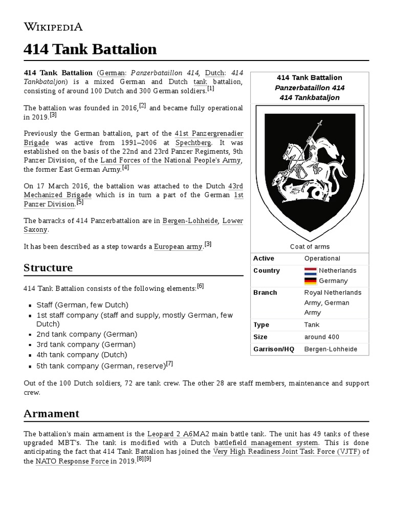 414 Tank Battalion | PDF | Battalion | Military Of Germany