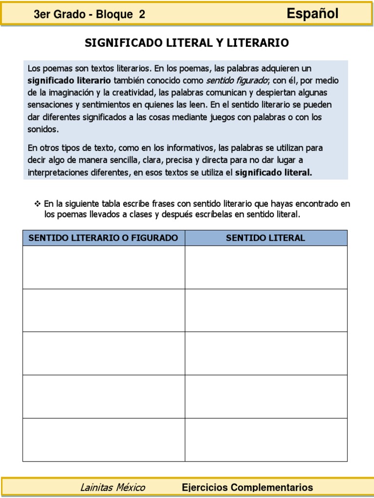 3er Grado - Español - Significado Literal y Literario | PDF