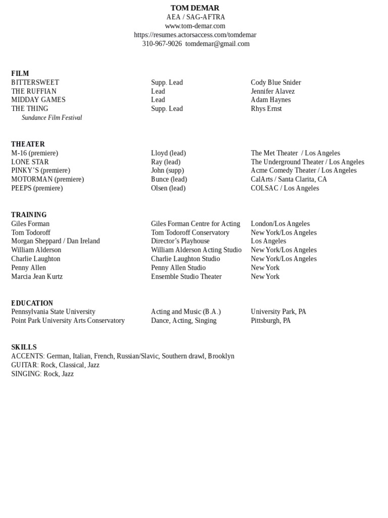Tom Demar Acting Resume 5-2020 | PDF