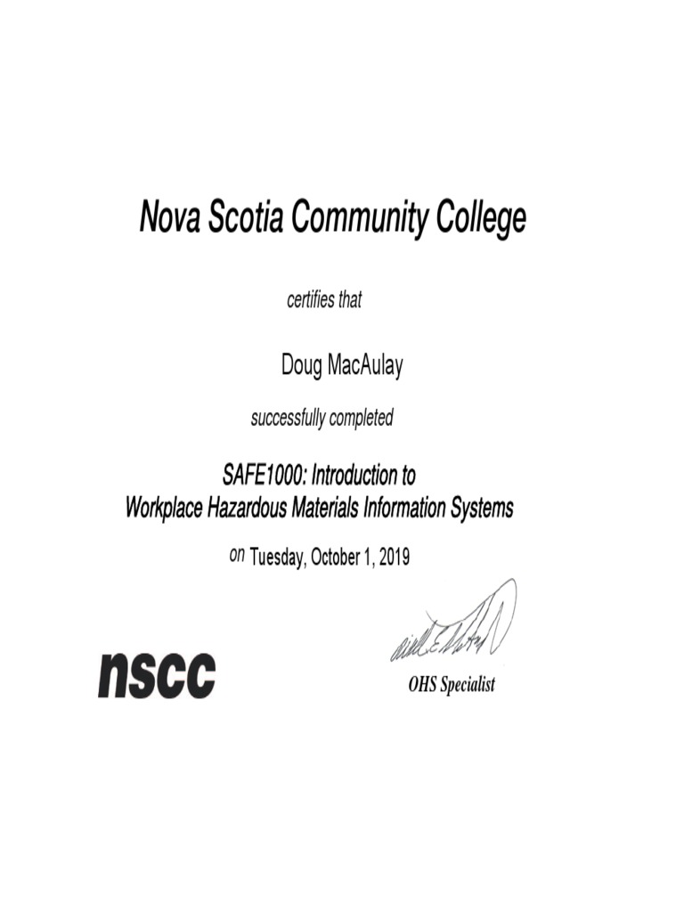 Whmis Certificate of Completion Safe1000introduction To Whmis Workplace ...